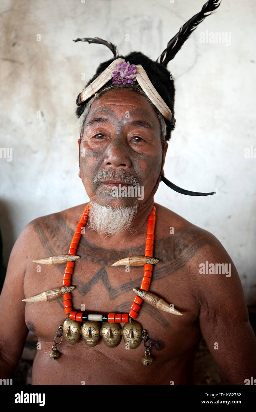 Naga man, Nokphong Wangpen, head hunter, with chest tattoo marking him ...
