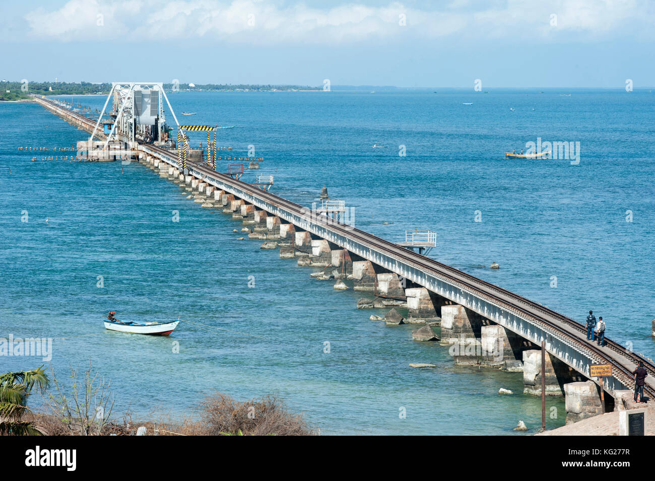 Pamban railway bridge crossing the Pamban Straits between the mainland ...