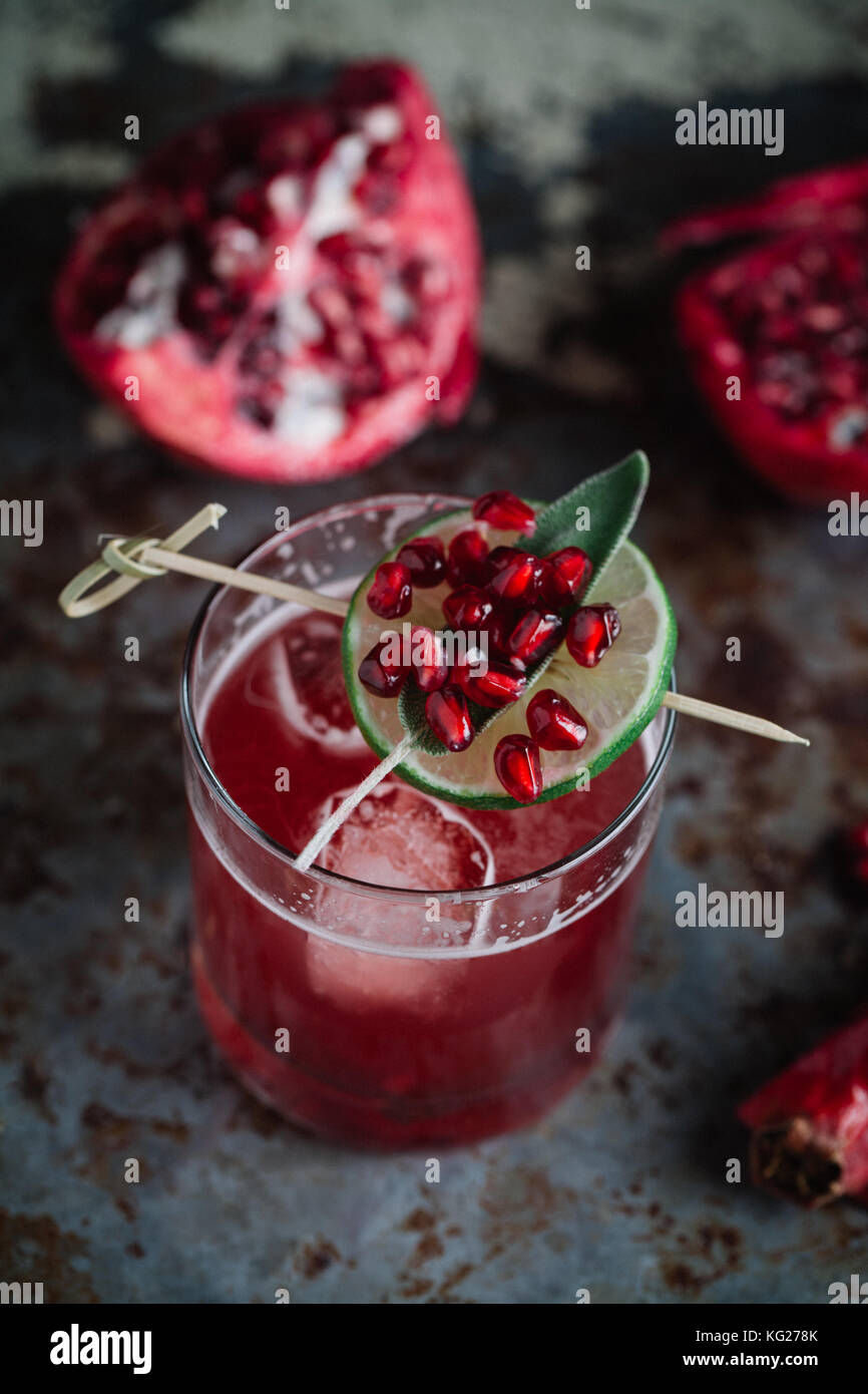 Alcoholic cocktail garnished with pomegranate seeds on dark moody ...