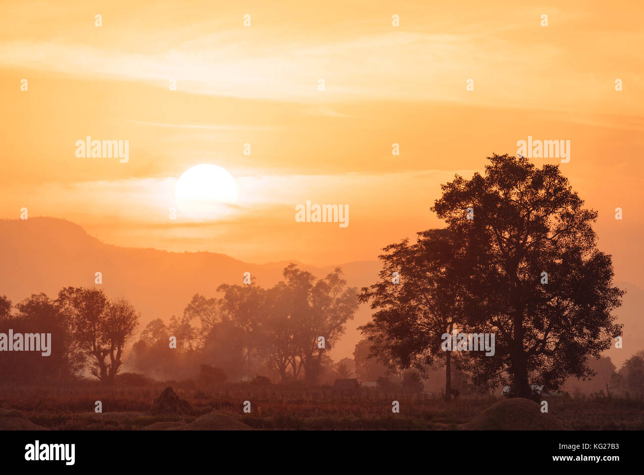 Sunset over Paddy fields near Hsipaw, Shan State, Myanmar (Burma), Asia ...