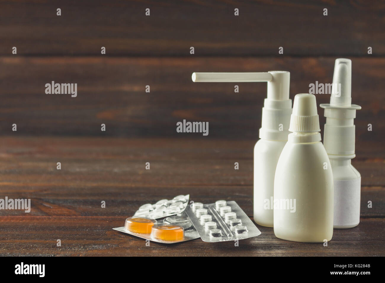 Nasal spray, nasal drops, pills in the blister, candy from the cough on ...