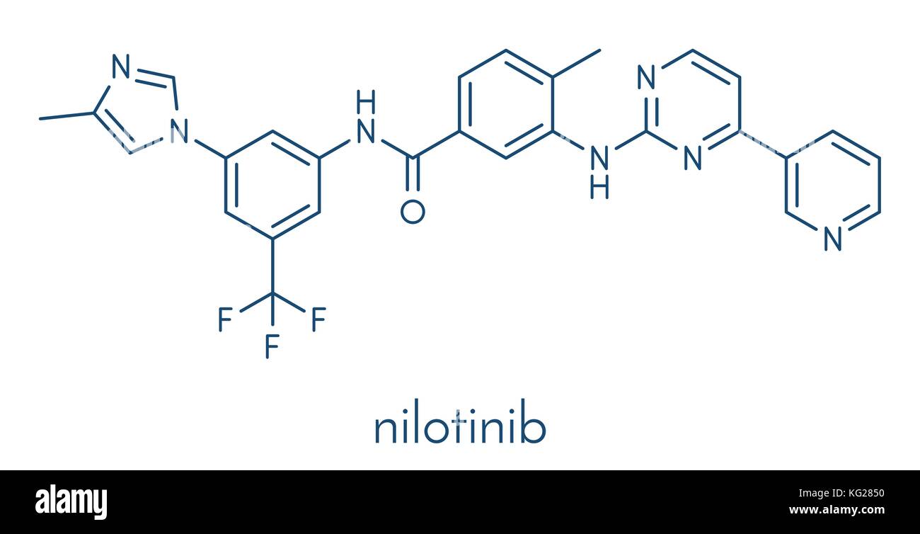 Nilotinib cancer drug molecule (tyrosine kinase inhibitor). Skeletal ...