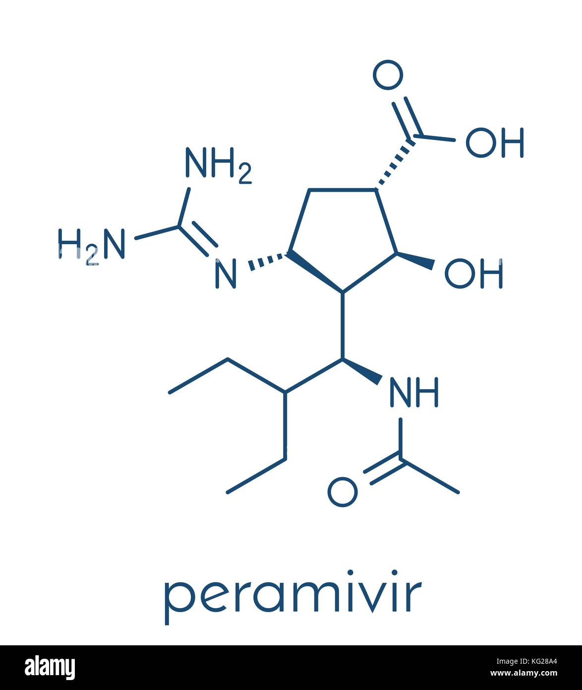 Peramivir influenza drug molecule (neuraminidase inhibitor). Skeletal ...