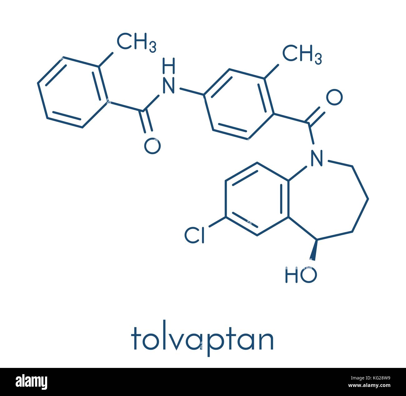 Tolvaptan hyponatremia (low blood sodium level) drug molecule. Skeletal ...