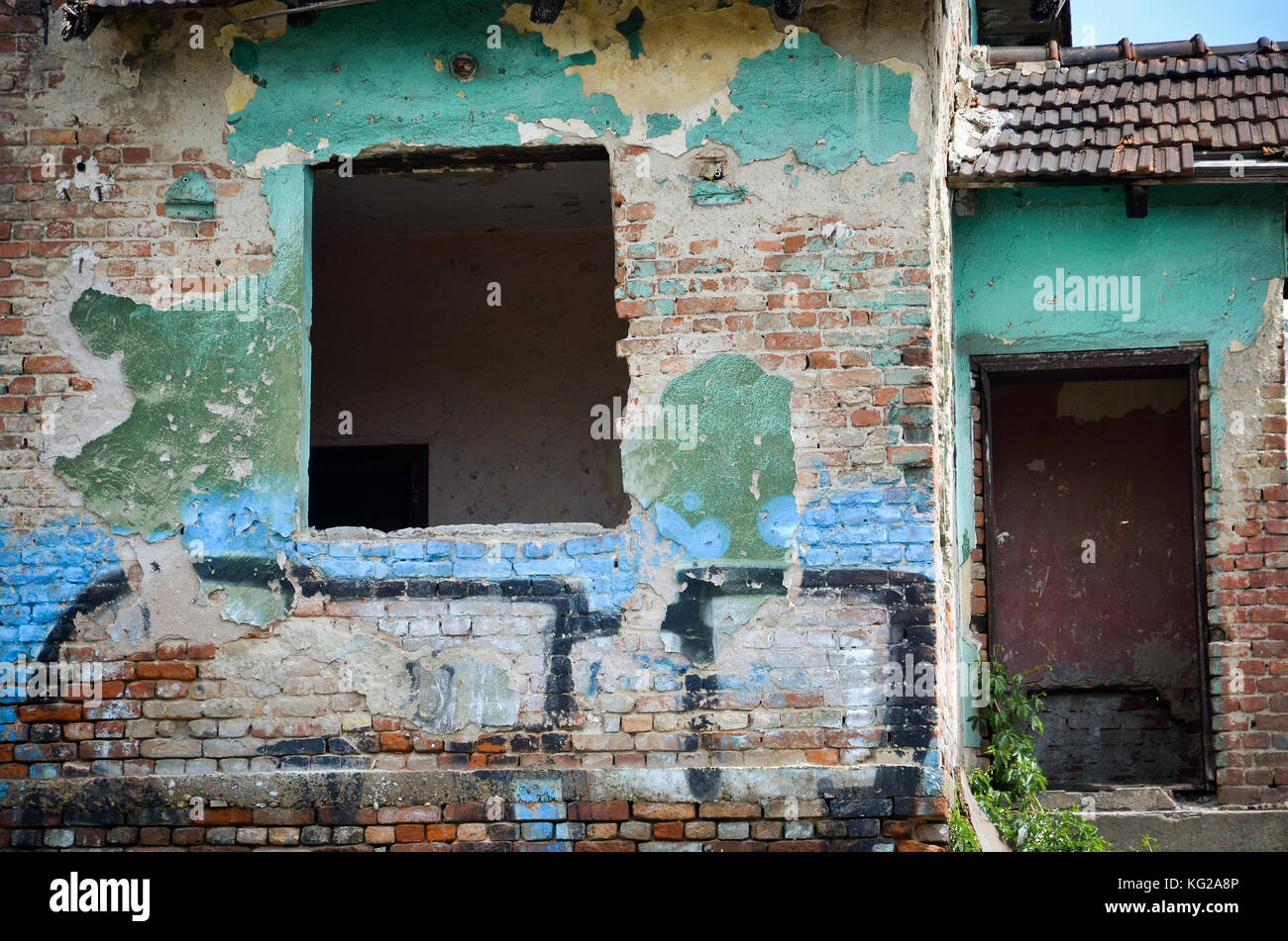 detail of old green ruined house without door and window Stock Photo ...