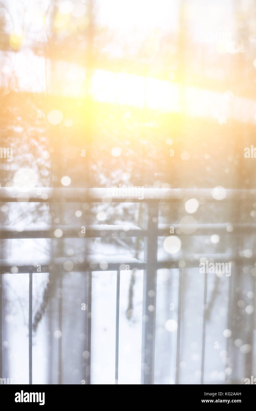 Snow Winter in a Window with Sunlight and snowflakes Stock Photo - Alamy