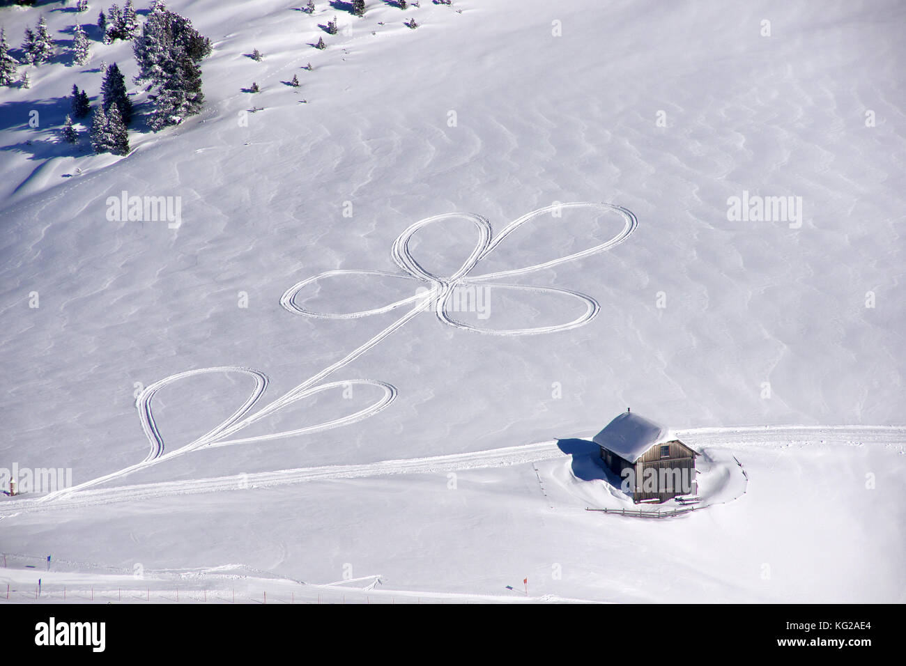 Patterns in the snow made by skiers, snowboarders and snowmobile ...