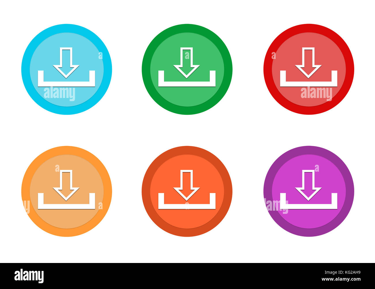 Set of rounded colorful buttons with download symbol in blue, green ...