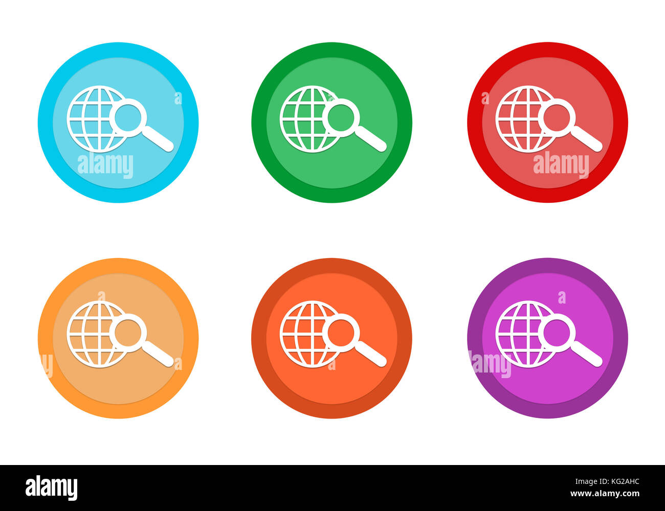 Set of rounded colorful buttons with search symbol in blue, green, red ...