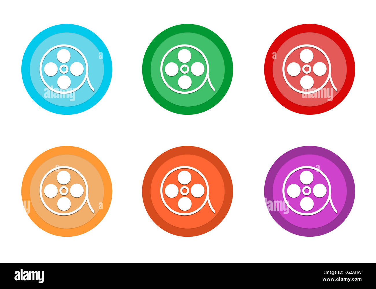 Set of rounded colorful buttons with movie symbol in blue, green, red ...