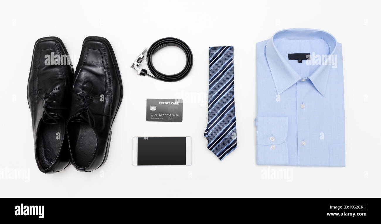 Men's outfits with blue shirt. Clothes shop top view concept Stock ...