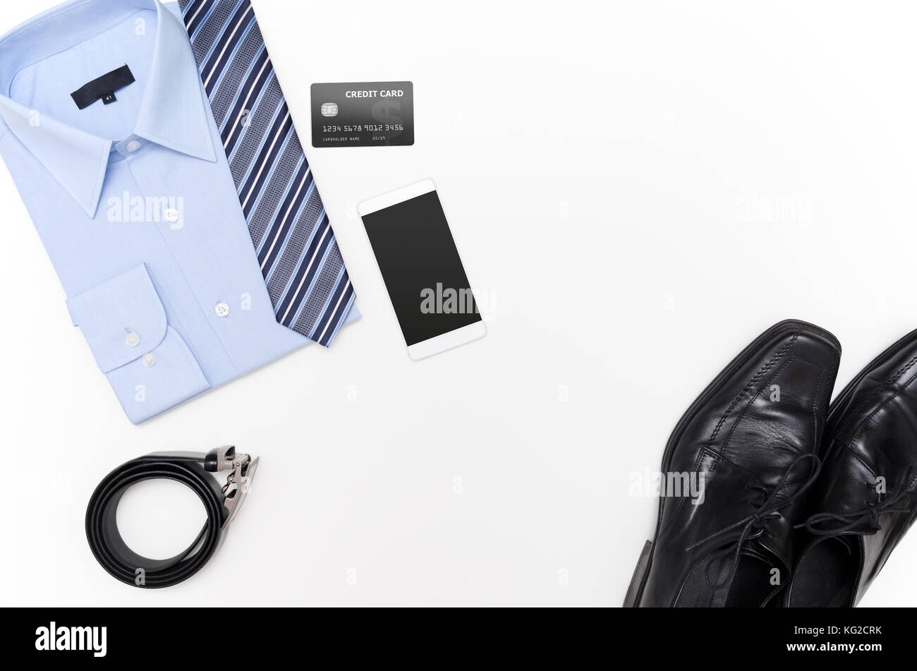 Men's outfits with blue shirt. Clothes shop top view concept Stock ...