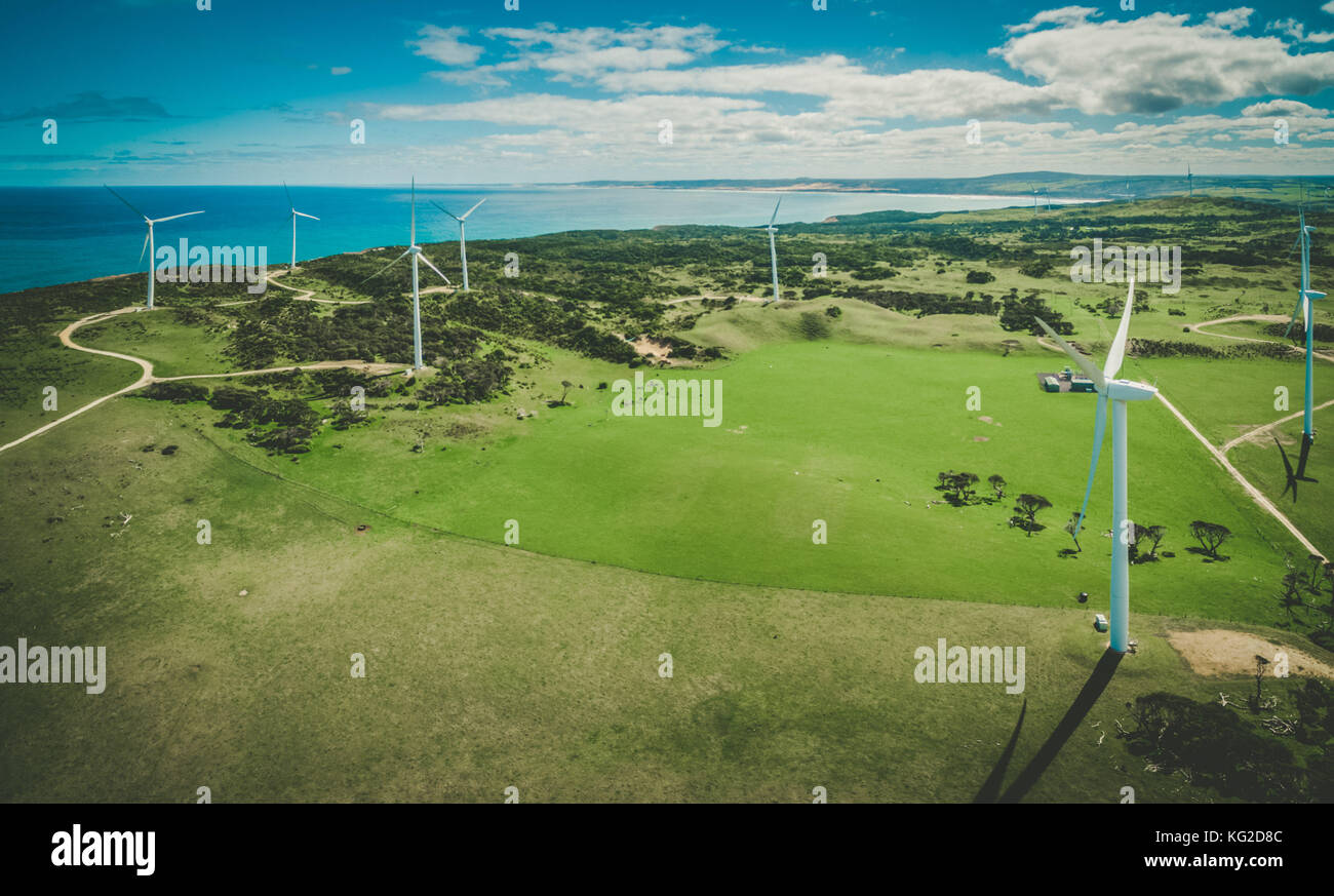 Aerial panorama of Cape Bridgewater wind farm, Victoria, Australia ...