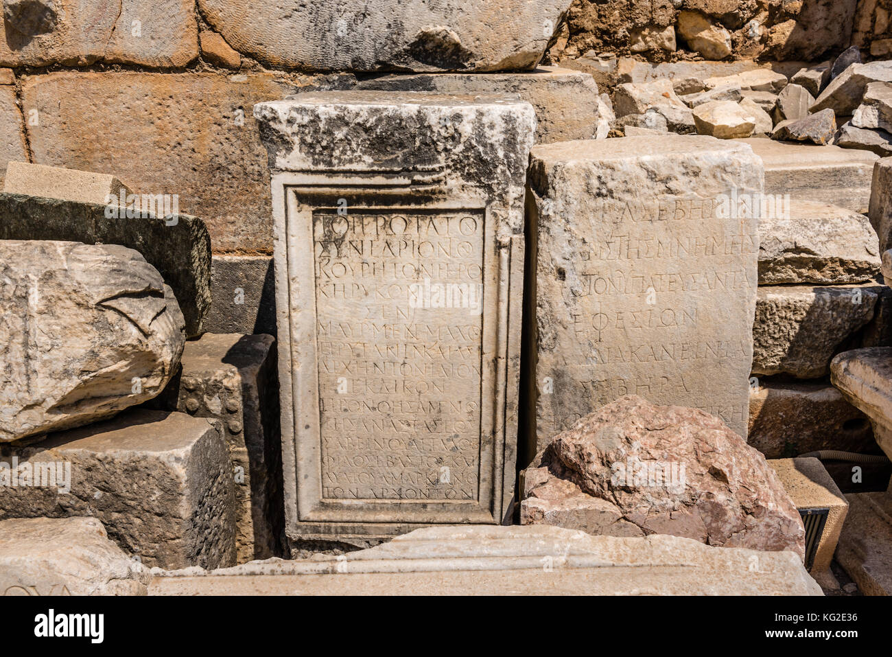 Ancient scripture on marble Ruins in Ephesus historical ancient city ...