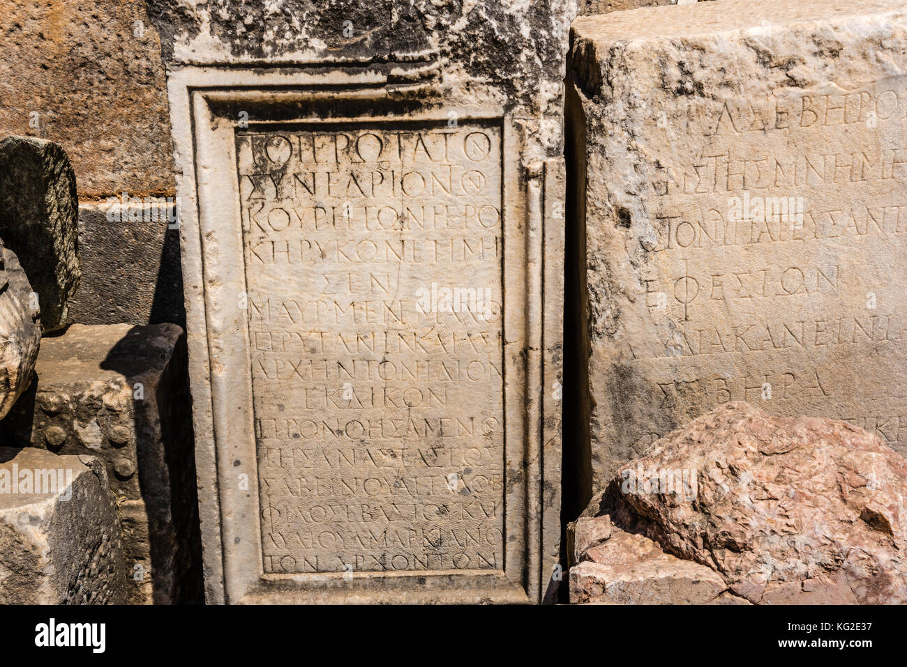 Ancient scripture on marble Ruins in Ephesus historical ancient city ...