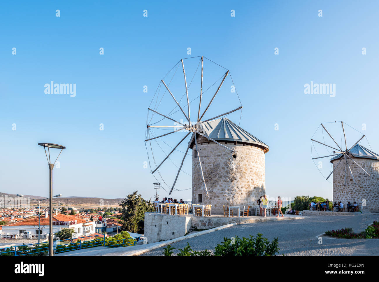 High Resolution panoramic view of Windmills where People eat and drink ...