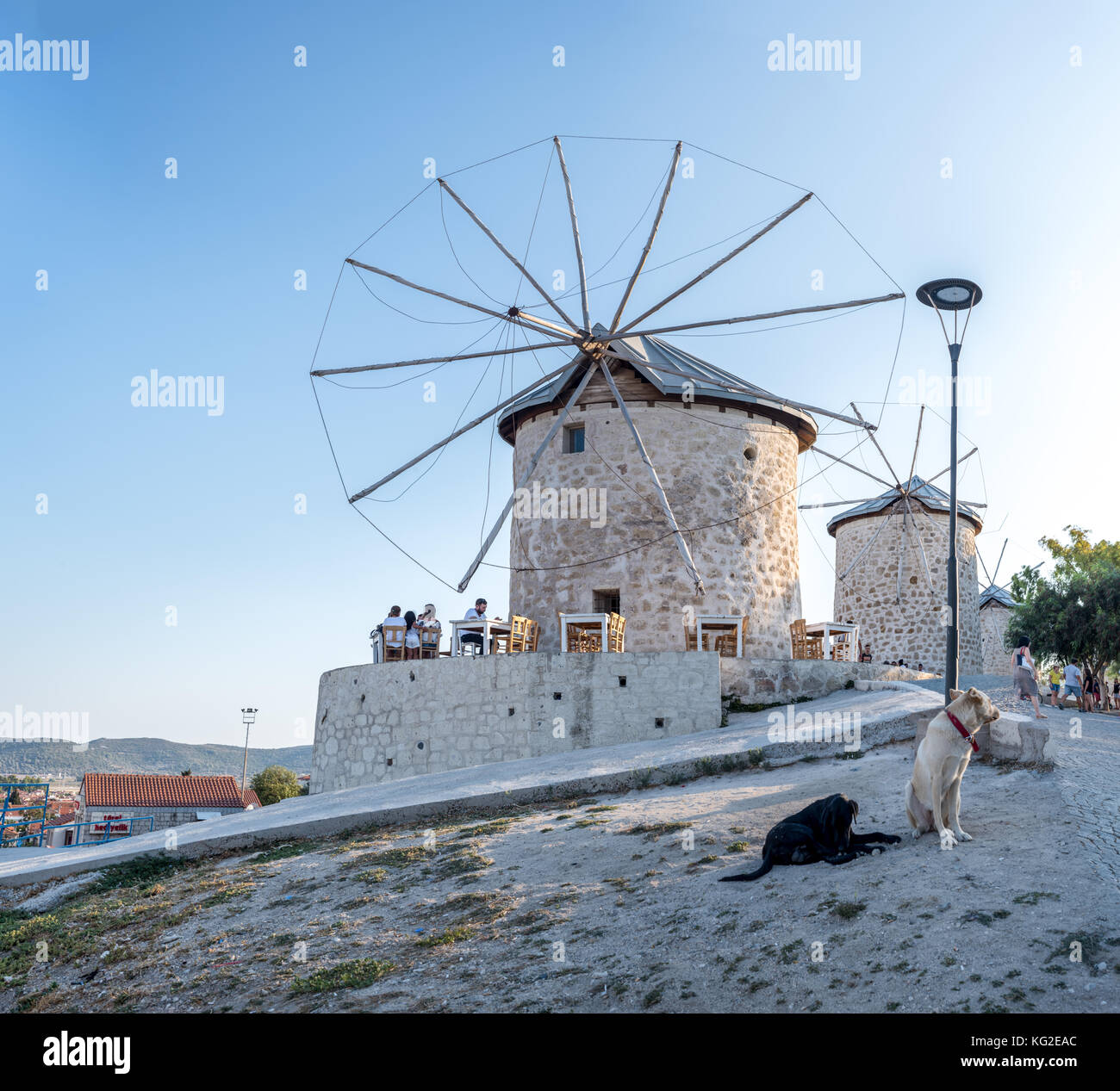 High Resolution panoramic view of Windmills where People eat and drink ...