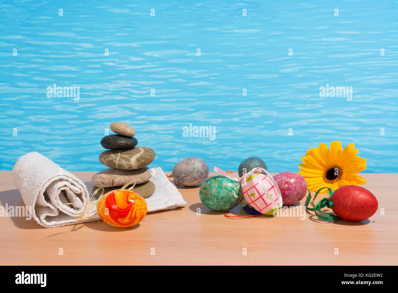 Easter in pool, wellness and relax. Eggs and water background for party ...