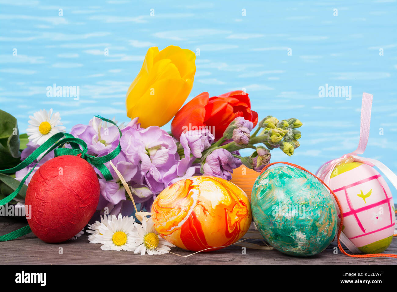 Easter in pool, wellness and relax. Eggs and water background for party ...