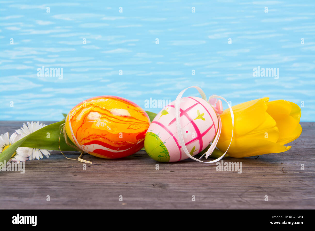Easter in pool, wellness and relax. Eggs and water background for party ...