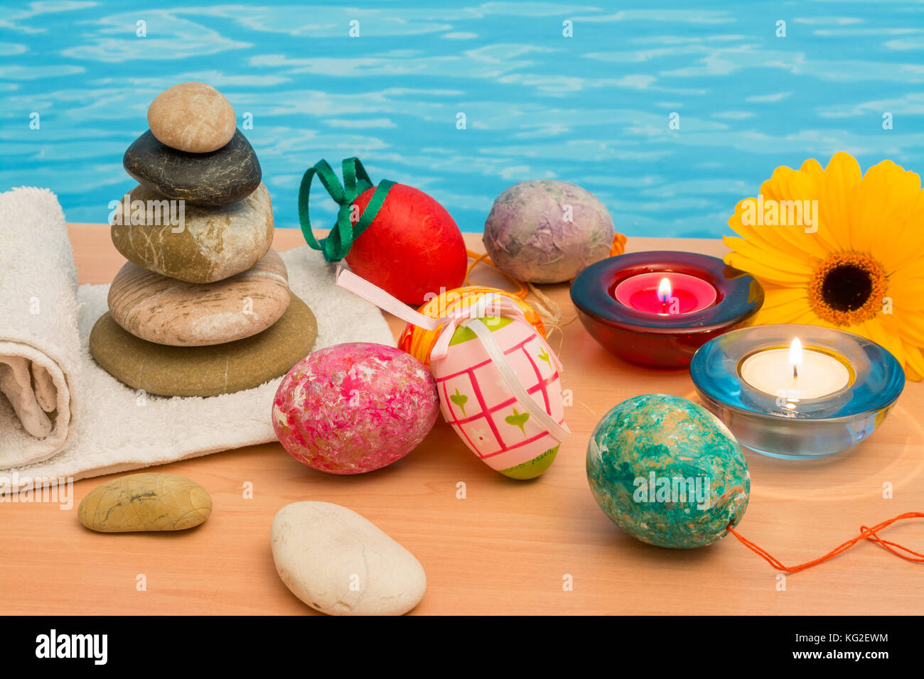 Easter in pool, wellness and relax. Eggs and water background for party ...