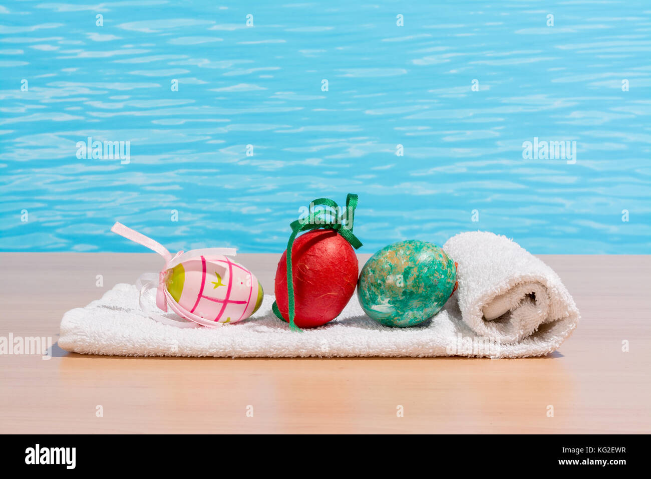 Easter in pool, wellness and relax. Eggs and water background for party ...