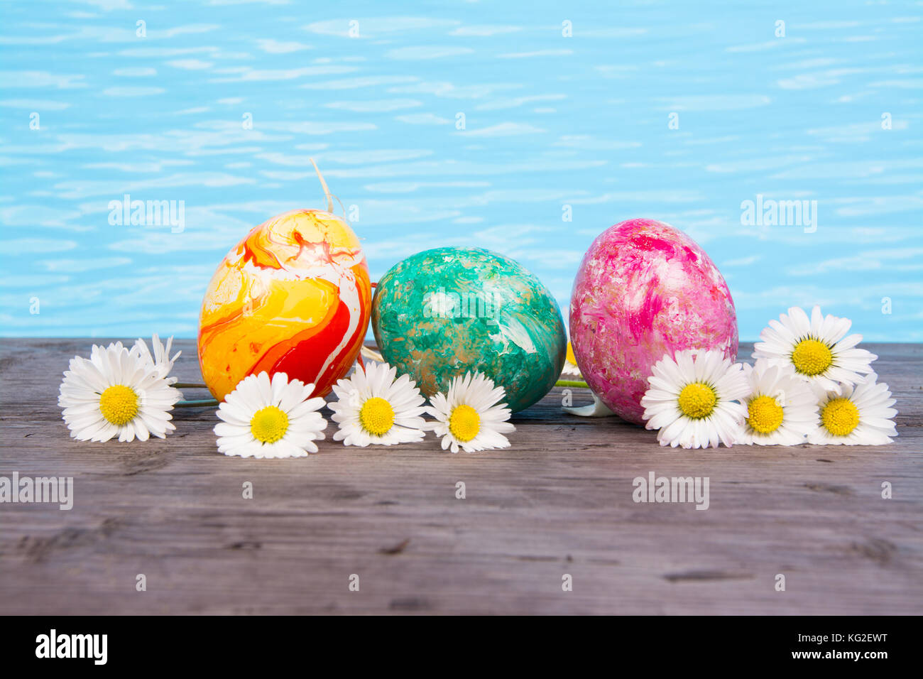Easter in pool, wellness and relax. Eggs and water background for party ...