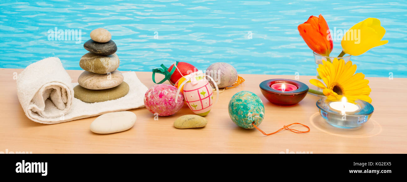 Easter in pool, wellness and relax. Eggs and water background for party ...