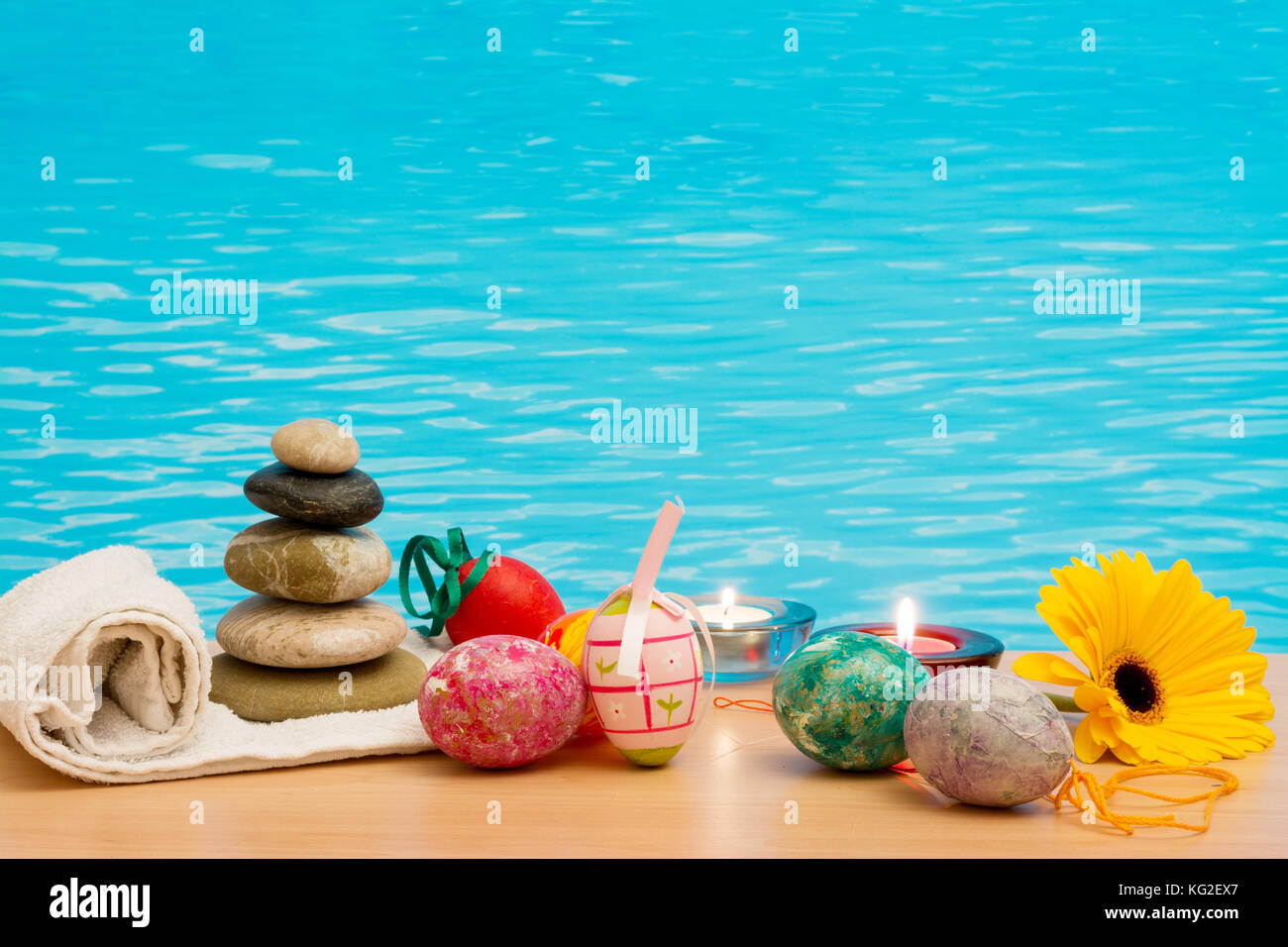 Easter in pool, wellness and relax. Eggs and water background for party ...