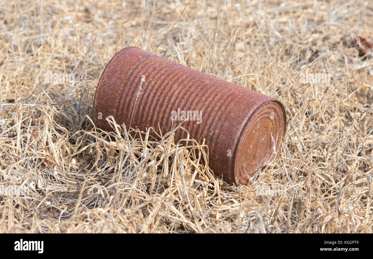 Garbage in nature - A rusty can on a field Stock Photo - Alamy