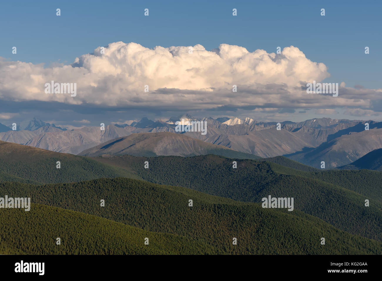 Scenic top view on the snowy mountain peaks and mountain slopes covered ...