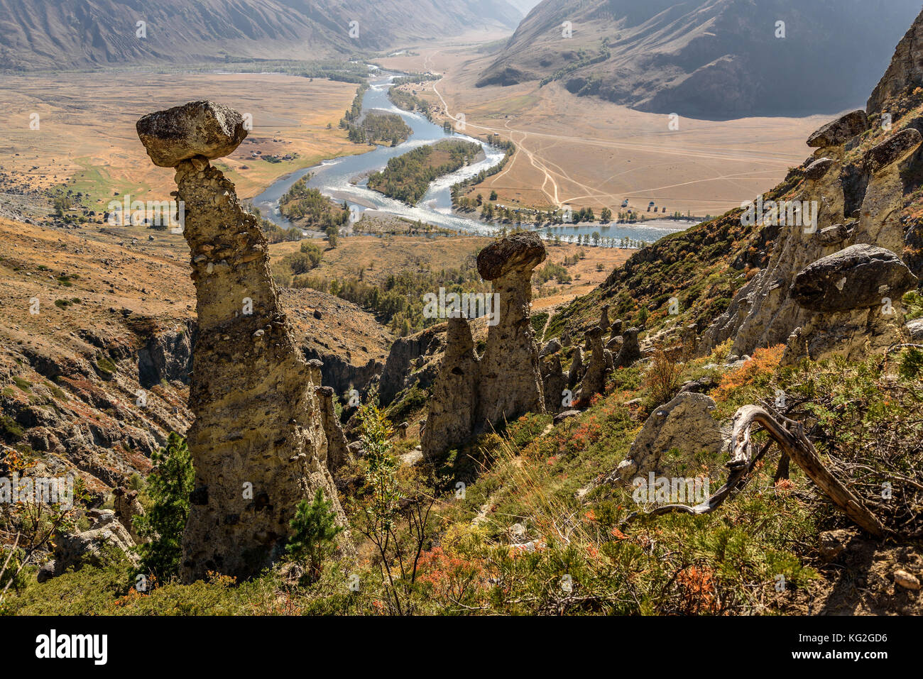 A picturesque autumn top view with high rocks in the form of stone ...