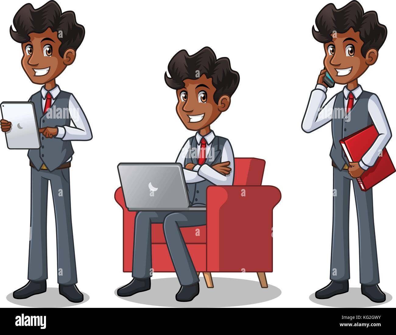 Set of businessman in vest cartoon character design working on gadgets ...