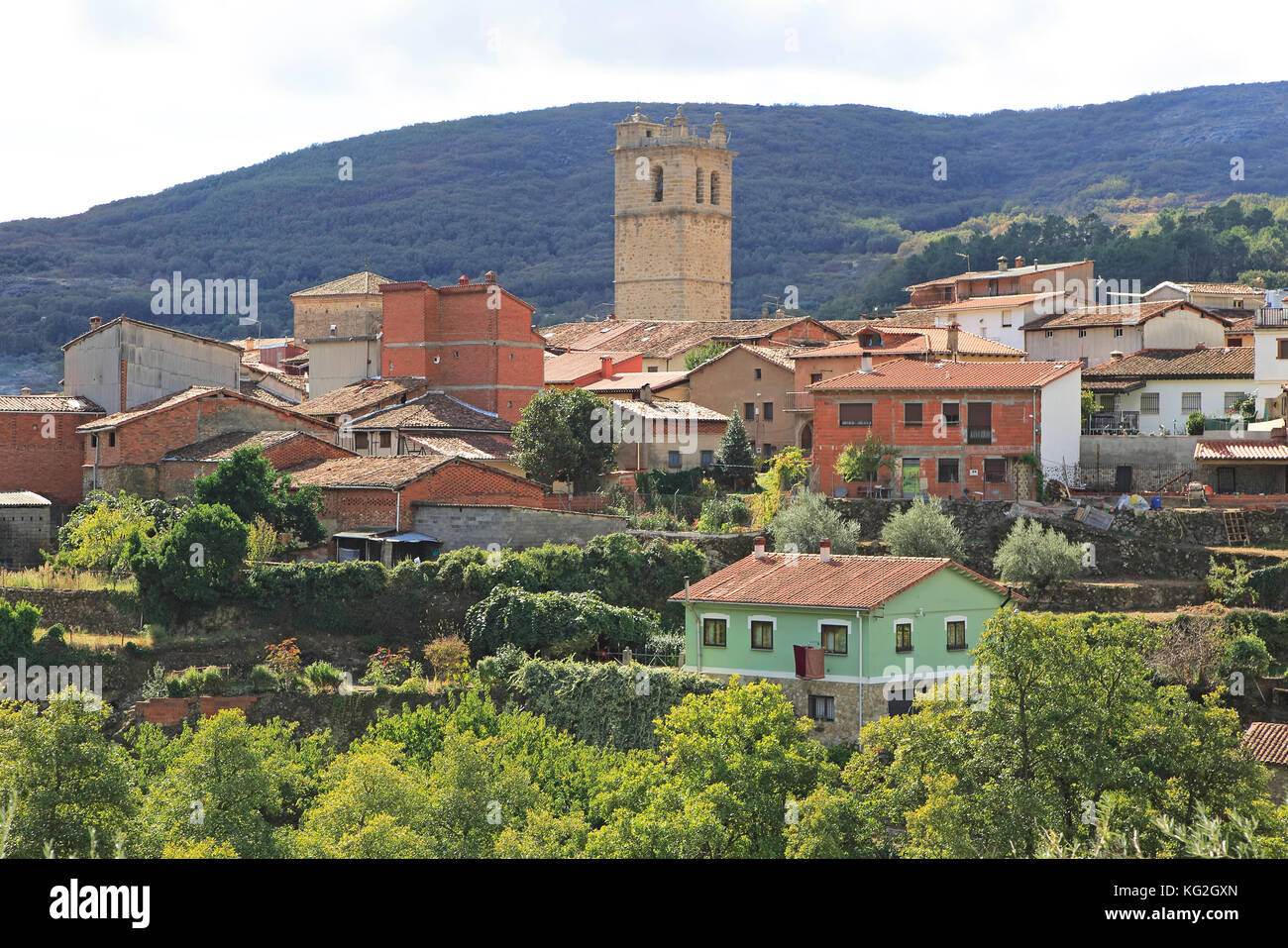 Church tower and rooftops of nucleated village Garganta la Olla, La ...