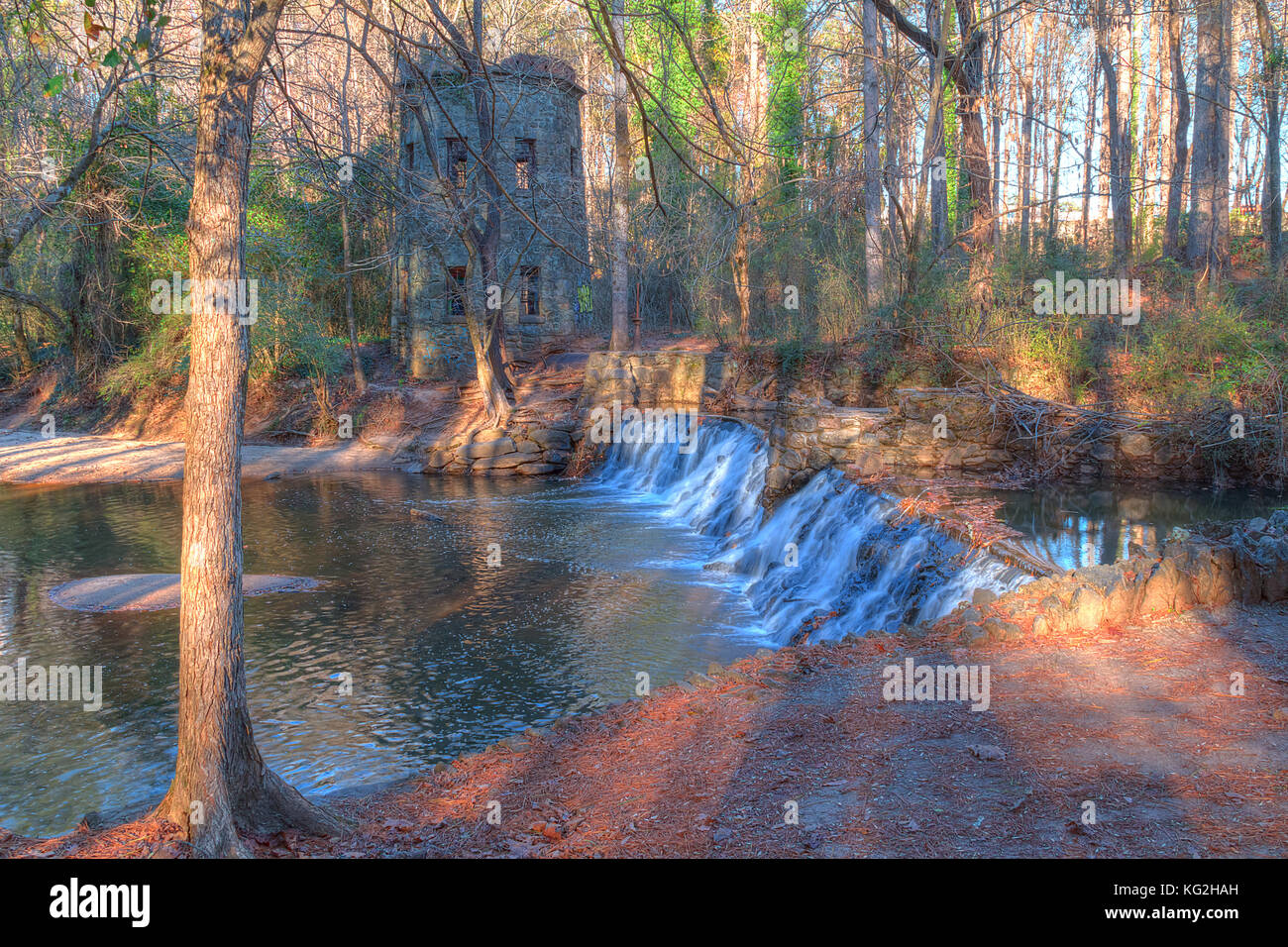 Spillway waterfall and the tower in the Lullwater Park, Atlanta, USA ...