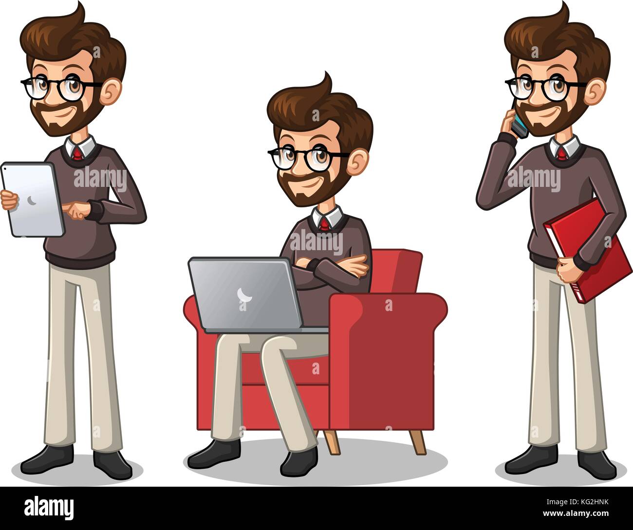 Set of hipster businessman cartoon character design working on gadgets ...