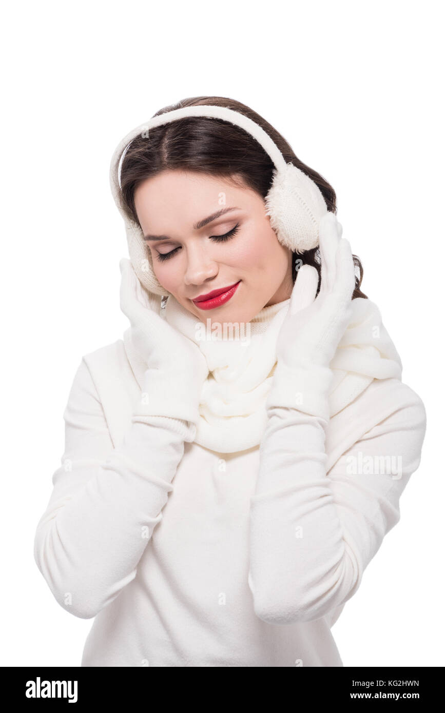 Woman with red lips in winter clothes Stock Photo - Alamy