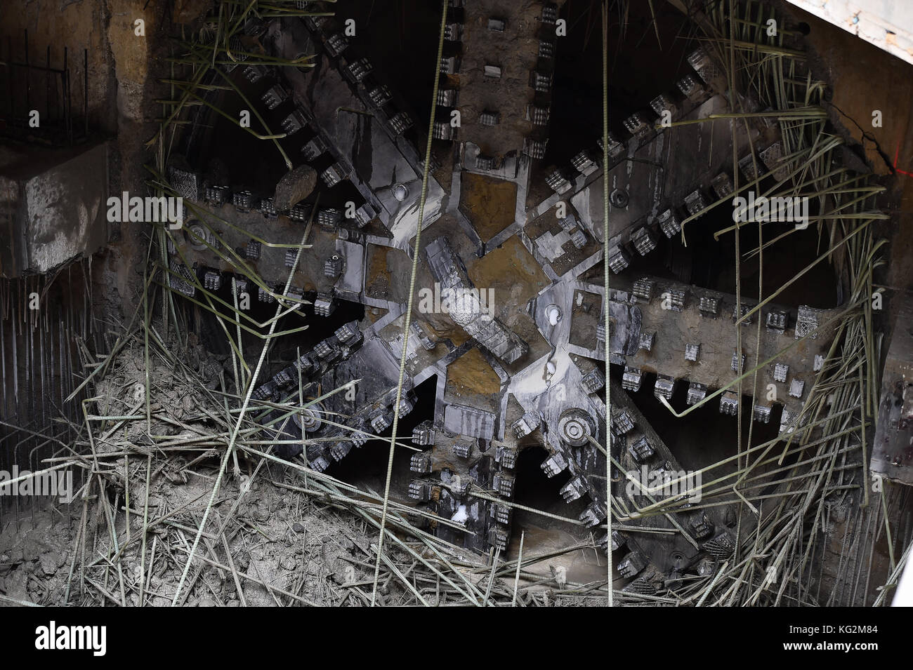 Tunnel boring machine in action during subway construction Stock Photo ...