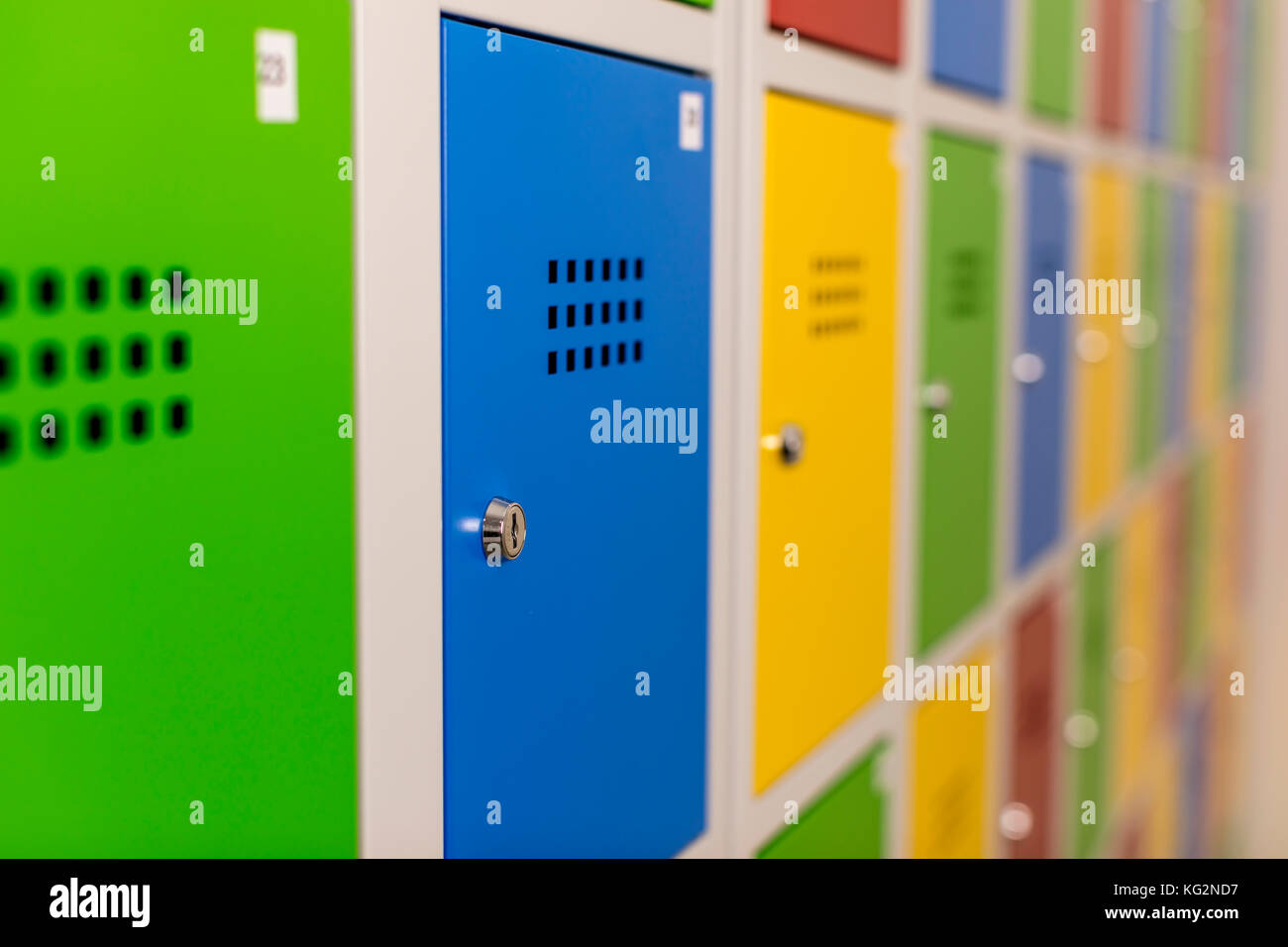 School lockers in green, blue, yellow and red color Stock Photo - Alamy