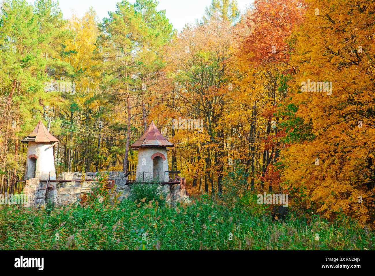 An old ruined and empty castle in the middle of the autumn forest Stock ...