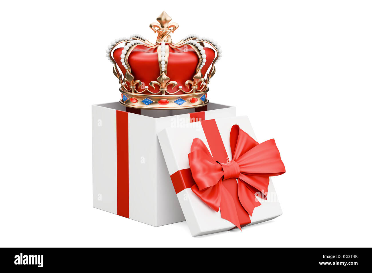 Gift box with golden royal crown, 3D rendering isolated on white ...