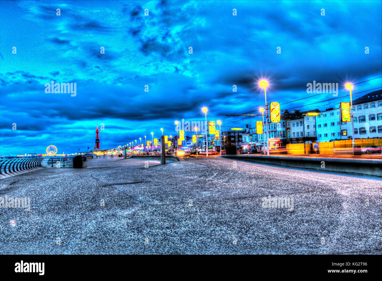 Town of Blackpool, England. Artistic evening view of the promenade ...