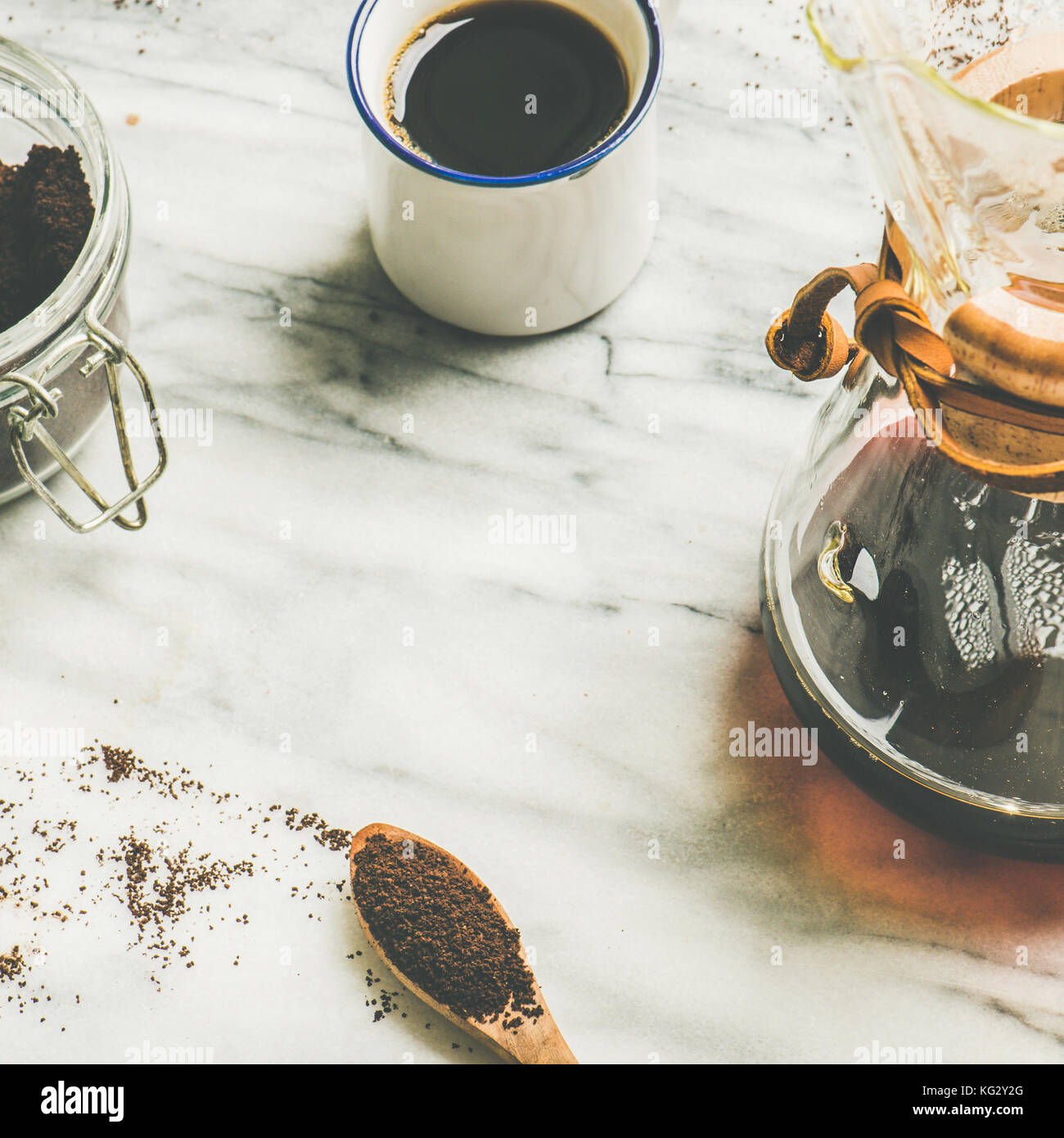 Black filtered coffee, square crop, copy space. Alternative brewing ...