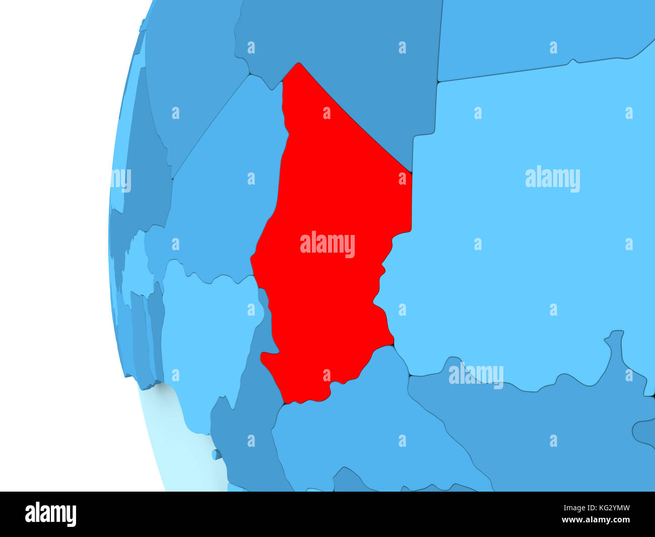 3D render of Chad in red on blue political globe. 3D illustration Stock ...