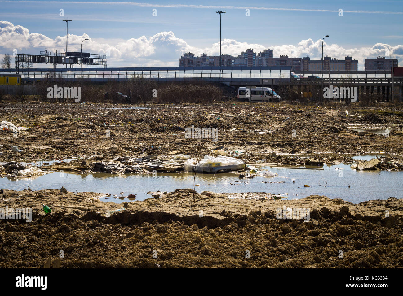 Garbage after construction in the city, bare land, swamp. The problem ...
