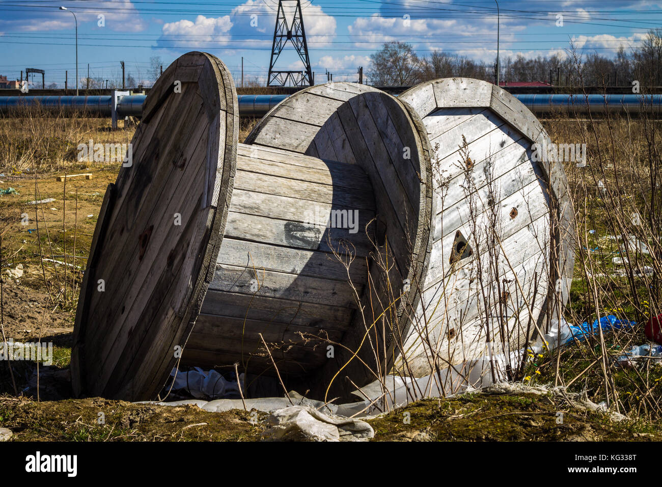 An empty cable reel is left on site. The problem of ecology Stock Photo ...