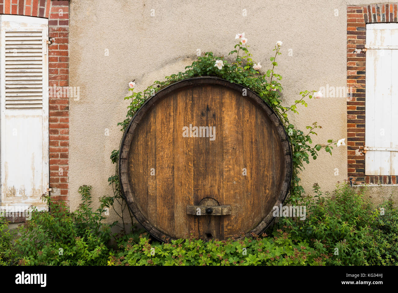 Part of Champagne Barrel with two window shutters in the small town of ...