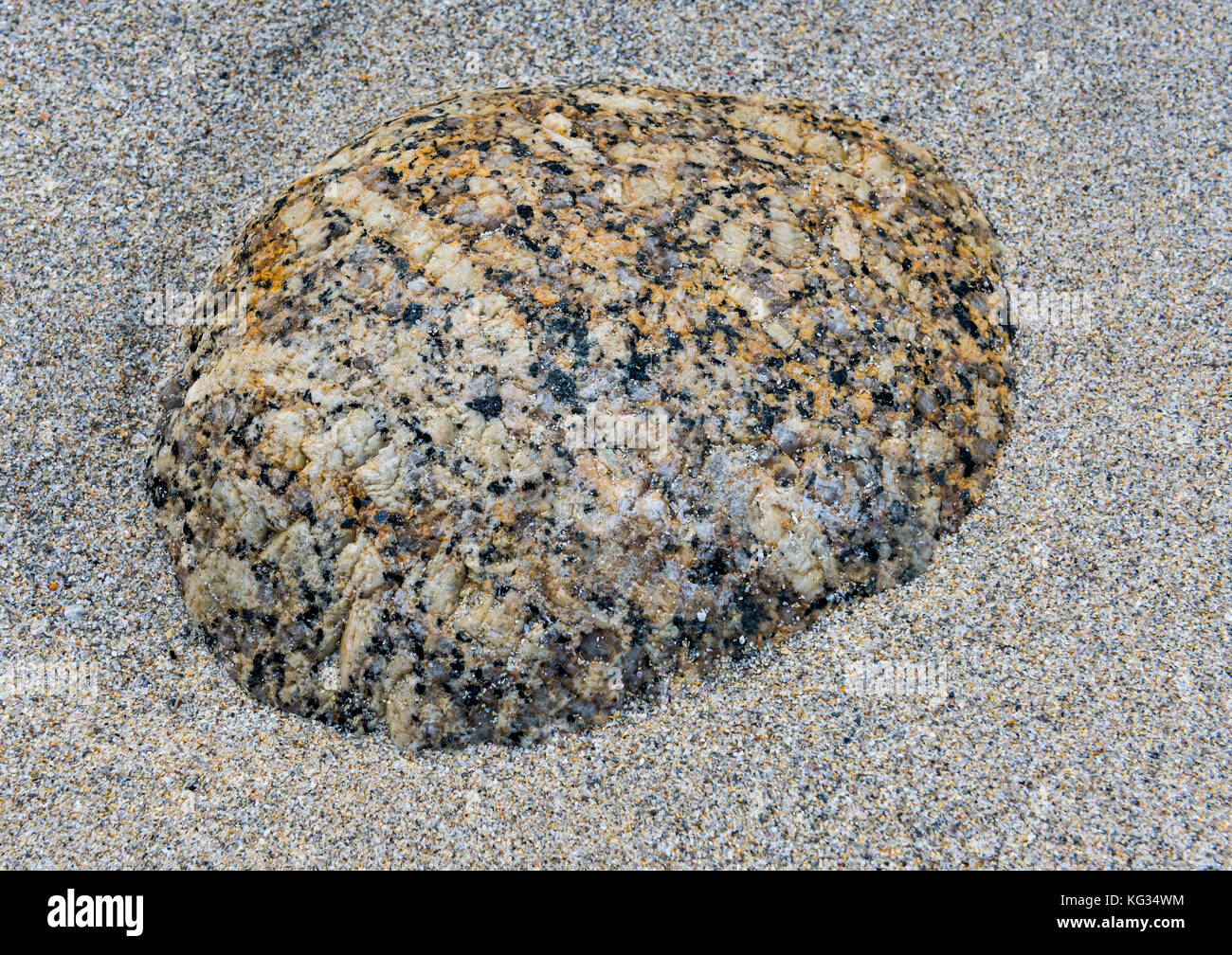 Round granite stone in the sand on the beach Stock Photo - Alamy