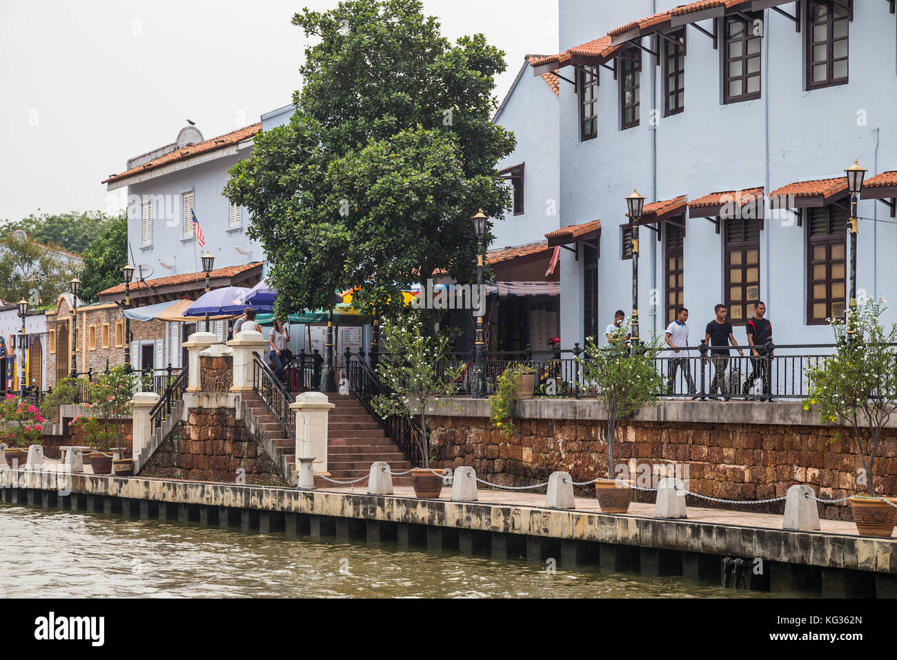 Riverside promenade with historical houses along Sungai Melaka, Malacca ...