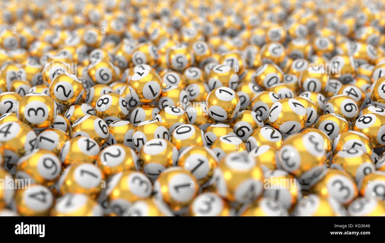 golden lottery balls stack background with dept of field effect. 3d ...
